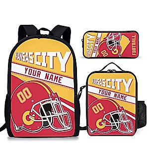 mdbozli Kansas City Custom Football Backpack 3 Piece Set Add Your Name And Nume School Bag with Lunch Box and Pen Case Set Gift for Boys Girls