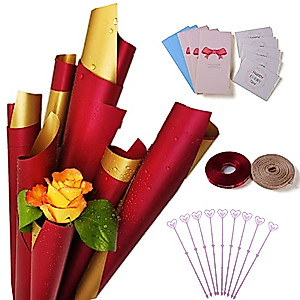 ALL SPECIAL 20 Sheet Waterproof Wrapping Paper No Folding Marks Double Sided Floral Wrapping Paper Florist Bouquet Material, for Mother's Day Party Birthdays Weddings Valentine's Day (red + gold)