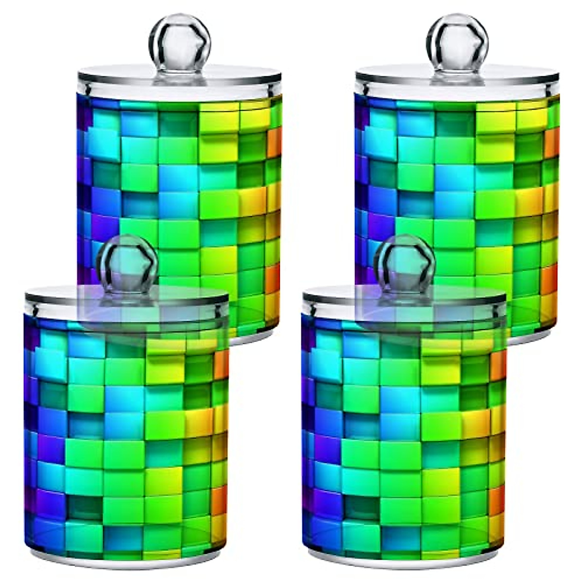 ALAZA Colorful Boxes Rainbow 2 Pack Qtip Holder Dispenser 14 Oz Clear Plastic Apothecary Jar Containers Jars Bathroom for Cotton Swab, Ball, Pads, Floss, Vanity Makeup Organizer