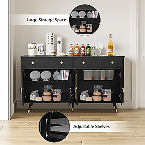 Buffet Cabinet with Storage, 55” Black Kitchen Cabinet with 4 Handmade Natural Rattan Doors, Black Sideboard Storage Cabinet with 2 Drawers for Dining Living Room