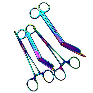 CynaMed German Nurses Doctor Lister Bandage Scissors 7.25" +5.5" + HEMOSTAT Forceps Str +Cvd 5.5" Multi Color Rainbow Color Stainless Steel - (Set of 4)