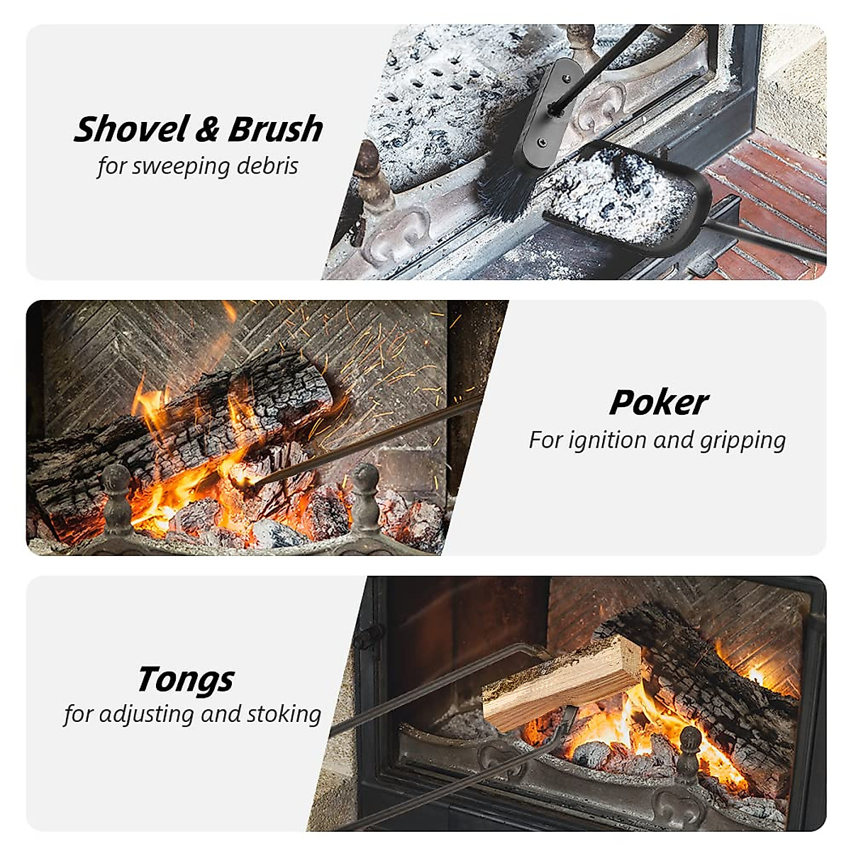 NIERBO 5 Pieces Fireplace Tools Set Strength Wrought Iron Indoor Outdoor Fire Place Toolset Hearth Accessories Kit with Fireplace Brush, Fire Poker, Fireplace Shovel, Firewood Tong