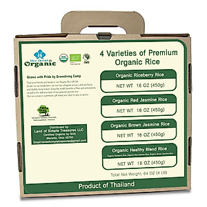 Organic Thai Jasmine Rice Gift Set - 4 Kinds of Rice - Brown Jasmine - Red Jasmine - Black Jasmine Riceberry - Mixed Jasmine Rice - 4 LB Let's Go