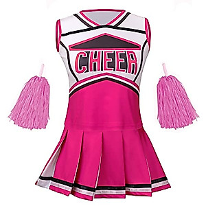 yolsun Cheerleader Costume for Girls, Kids Cheerleading outfit, Child High School Cheer leader Dress up Halloween Party role play Uniform(Rosy,8-9 Years)