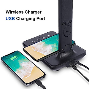wanjiaone Multifunctional LED Desk Lamp with Wireless Charger,USB Charging Port,Clock,Phone Holder,Desk Lamps for Home Office,Eye-Caring Reading Lamp,Study Lamp for Boys,Girls,Teens,Black