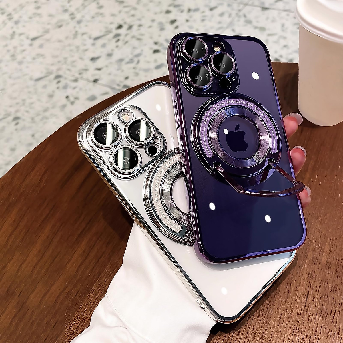 Uioeua Compatible with iPhone 13 Pro Max Magnetic Clear Kickstand Case,Luxury Plating Transparent Bracket MagSafe Case with Full Camera Lens Protector for iPhone 13 Pro Max Women Girl Men-Elegant Pink