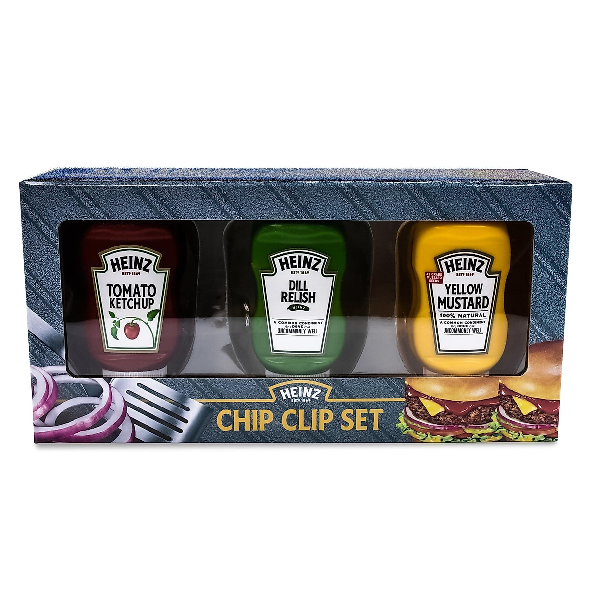 Heinz Bottle Chip Clips Picnic Pack, Set of 3 | Includes Ketchup, Mustard, Relish | Useful As Home Kitchen Decorations, Plastic Bag Clamps for Food Storage with Air Tight Seal Grip | Cute Foodie Gifts