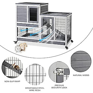 BESTDOOR 43.3'' Rabbit Hutch, Wood Indoor Rabbit Cage On Brake Wheel, Outdoor Large Rolling Bunny Hutch w/Run, Small Animal Guinea Pig Hamster Hedgehog House w/2 Deeper No Leak Tray (Grey White)