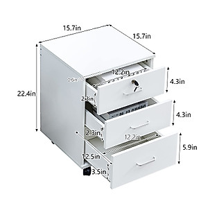 CLIPOP Mobile Office Cabinet with 3 Drawers(1 Lockable), Under Desk Rolling Vertical File Cabinet with 4 Wheels for Letter/Legal /A4 Size Documents, Wooden Storage Cabinet for Home Office (White)