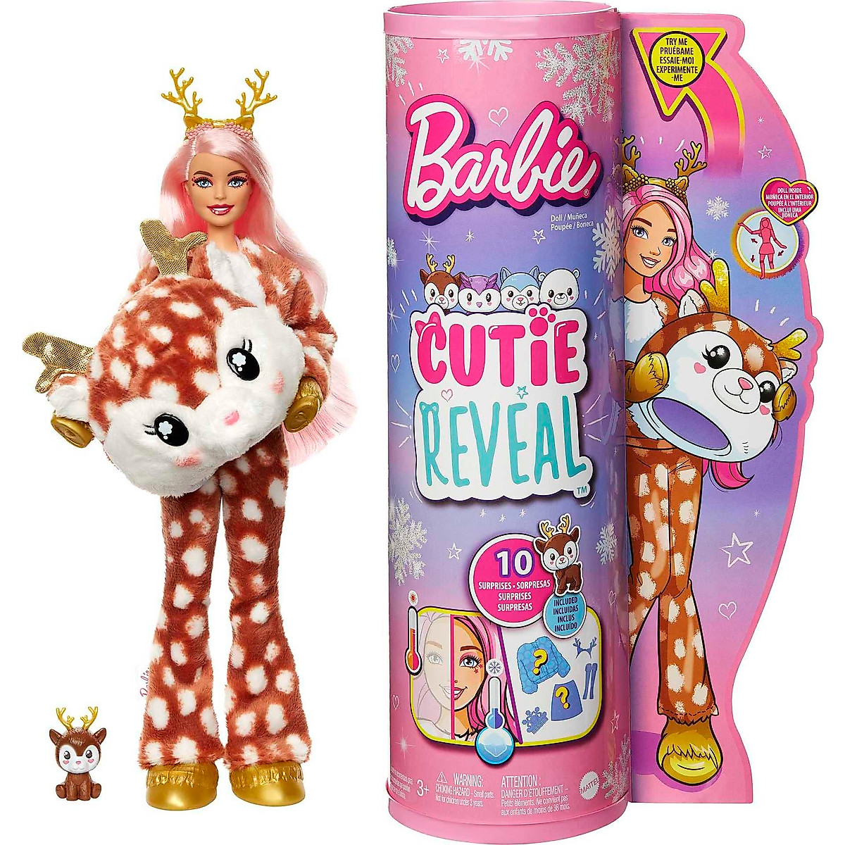 Barbie Cutie Reveal Doll, Snowflake Sparkle Series Deer Plush Costume, 10 Surprises Including Mini Pet & Color Change