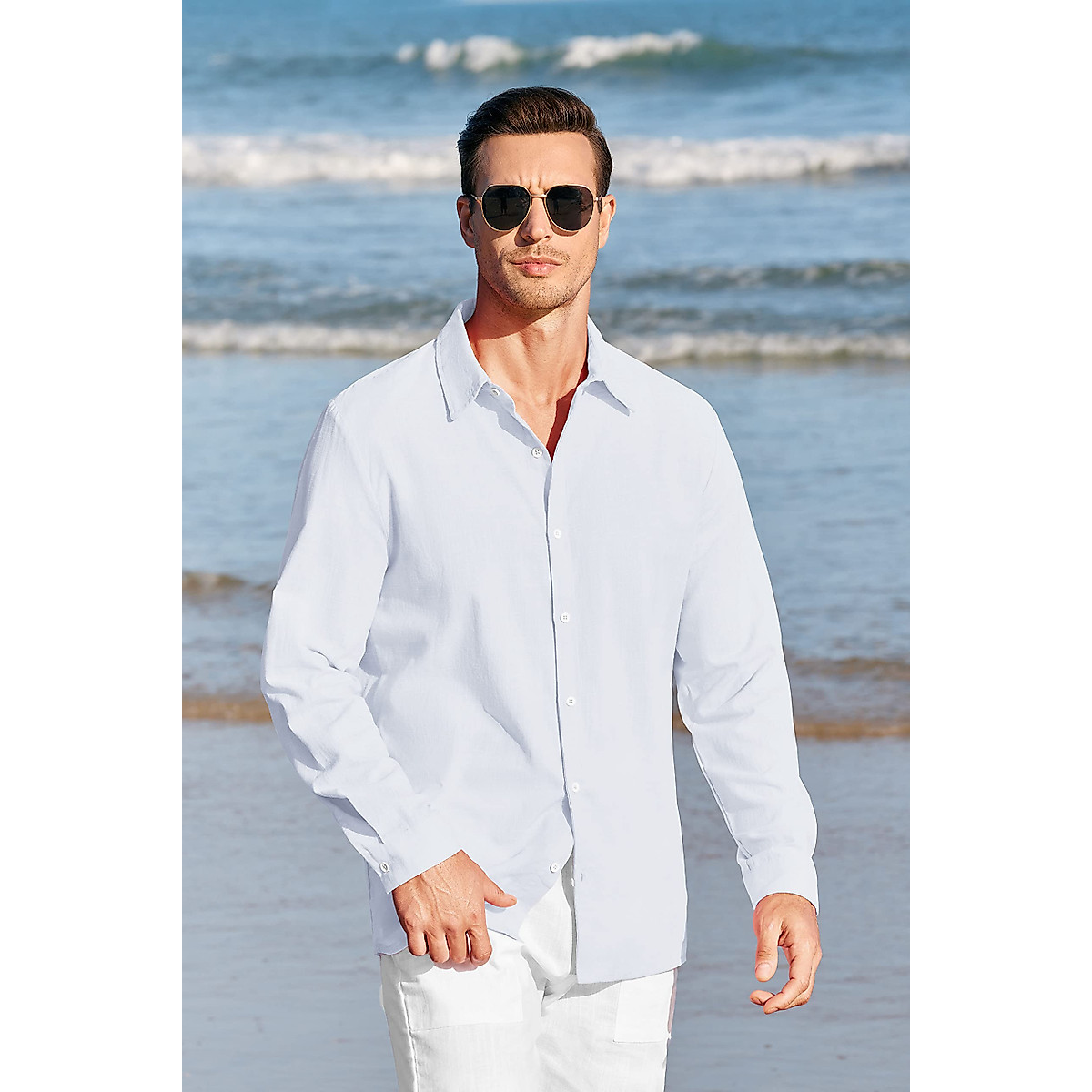 Mens Button Up Shirts Linen Beach Long Sleeve Casual Cotton Summer Lightweight Tops X-Large