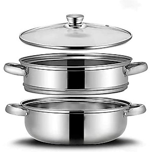 Stainless Steel Stack and Steam Pot Set - and Lid,Steamer Saucepot double boiler-2 Tier Steamer Pot Steaming Cookware -Steamer Pot Glass Lid Food Veg Cooker Pot Cooking Pan For Kitcken Cooking Tool
