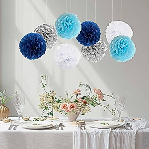 ANSOMO Blue and Silver Tissue Paper Pom Poms Party Decorations Navy Light Blue White Flowers Wall Hanging Décor Supplies Birthday Bridal Baby Shower Wedding Graduations12 Pcs