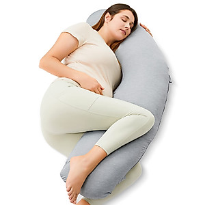 Momcozy Pregnancy Pillows with Cooling Cover, J Shaped Maternity Body Pillow for Pregnancy, Pregnancy Must Haves, Side Sleeper Pillow for Belly Hip Legs Support