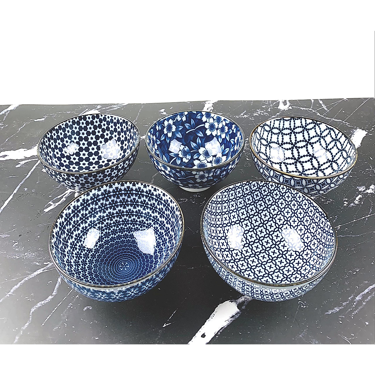 JapanBargain 4686, Japanese Porcelain Rice Bowls Gift Set, Traditional Japanese Inspired Pattern Miso Soup Bowls, Blue Color Salad, Set of 5, Made in Japan