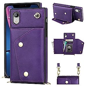 KIHUWEY iPhone Xr Crossbody Case with Wallet Card Holder,Kickstand Wrist Strap Shoulder Cross Body Zipper Purse Bag Cover Case (Purple)