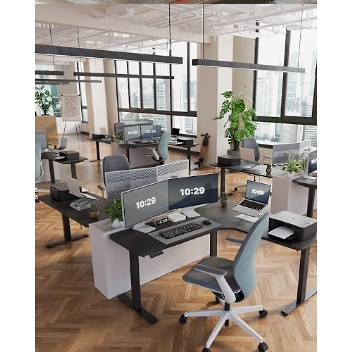 Marsail Corner Stand Up Desk Adjustable Height with 4-in 1 Electical Outlet, L Shaped Electric Standing Desk with Headphone Hook, Stand up Desk for Home Office Sturdy Writing Workstation Black