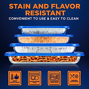 NutriChef 4 Sets Glass Bakeware - High Borosilicate Rectangular Glass Baking Dish w/Blue BPA-Free PE Lids, Freezer-to-Oven Home Kitchen Bake Casserole Food Storage Stackable Tray Pan, Dishwasher Safe