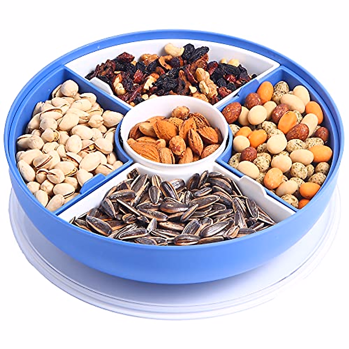 XKXKKE Divided Serving Dishes with Lid, Serving Tray with Lid, Round Divided Plates, Sectional Serving Tray Removable Party Snacks Tray for Candies, Nuts, Veggies, Fruits and Appetizer (Blue)