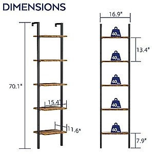 NUMENN Industrial Ladder Shelf, 5 Tier Book Shelf, Open Space Wall Mount Bookshelf with Metal Frame, Sturdy Book Shelves, Bookcase for Living Room, Home Office Shelf, Vintage Brown
