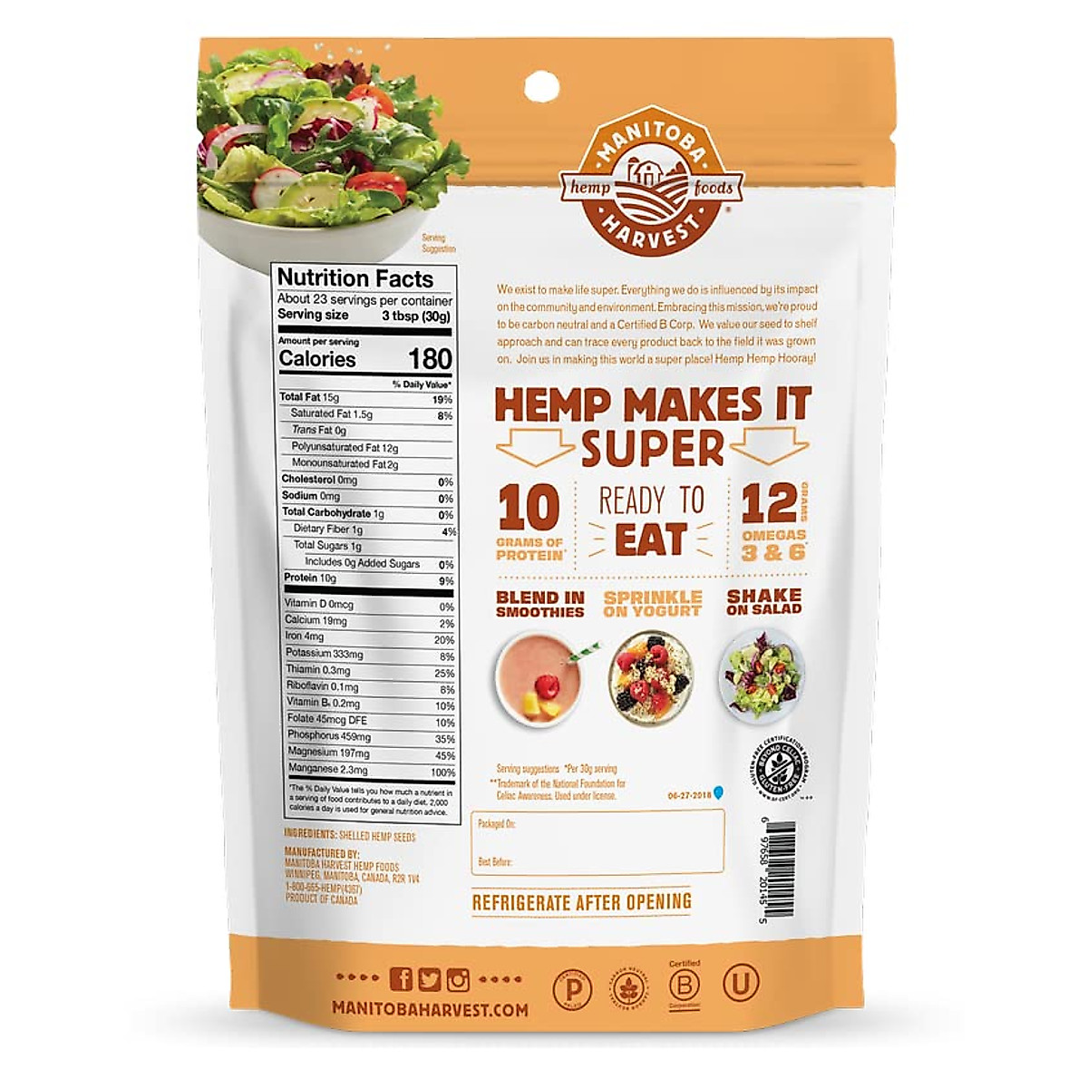 Manitoba Harvest Hemp Seeds, 24 oz; 10g Plant Based Protein and 12g Omega 3 & 6 per Serving, Perfect for smoothies, yogurt & salad, Non-GMO, Vegan, Keto, Paleo, Gluten Free