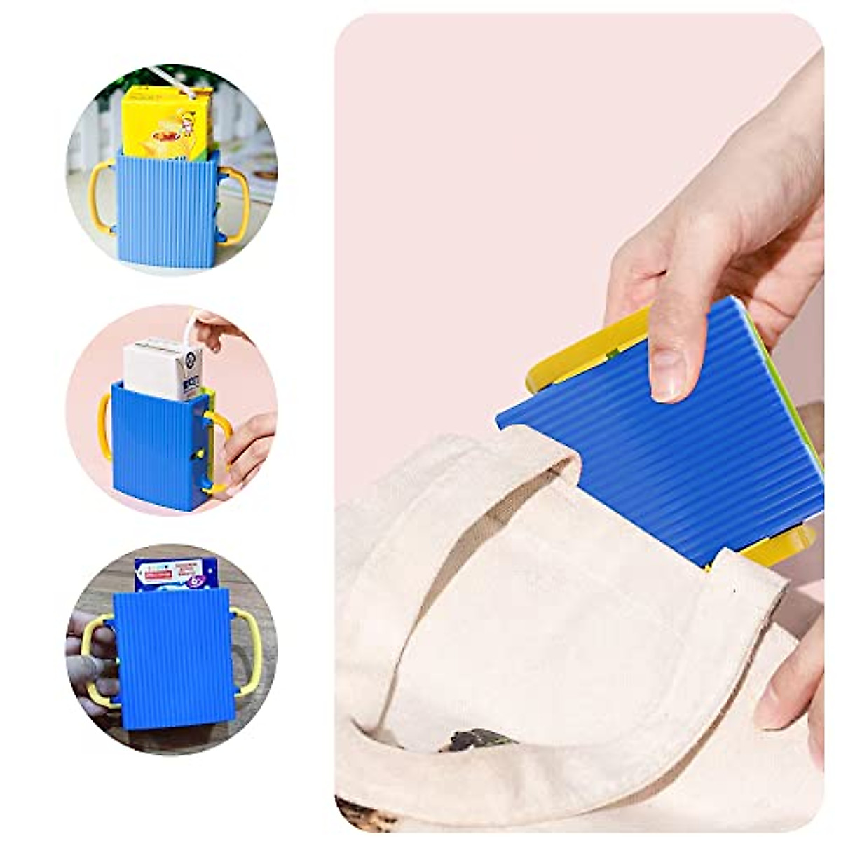 LIUHUIZEYU Children's Juice Box Holder Milk Box Holder Juice Bag Holder for Toddlers No Squeeze Adjustable Folding Food Pouch and Telescopic Cup Holder for Kids No Spill (blue)