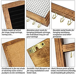 Jewelry Organizer Wall Mounted 4 Pack Rustic Wood Jewelry Display Organizer Holder with Hooks for Ear Rings, Necklaces and Bracelet(Hook + Stencil + Rings + Corkboard)