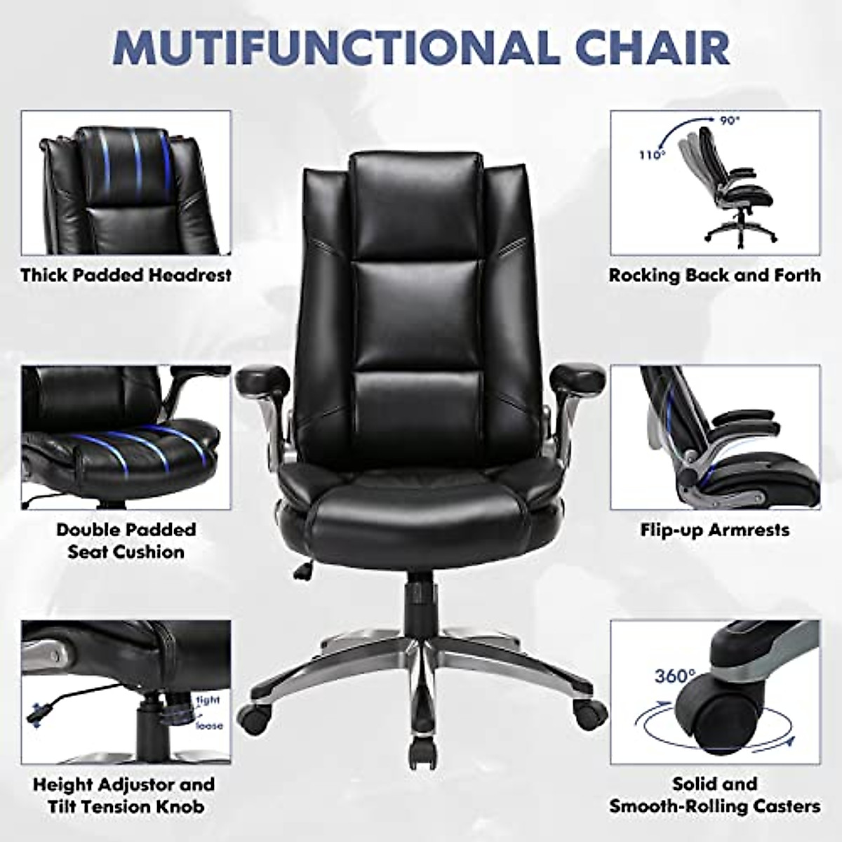 High Back Executive Office Chair-Ergonomic Bonded Leather Computer Chair with Flip-up Arms, Adjustable Tilt Tension, Padded Armrests, Swivel Rolling Home Desk Chair-Black,300lbs