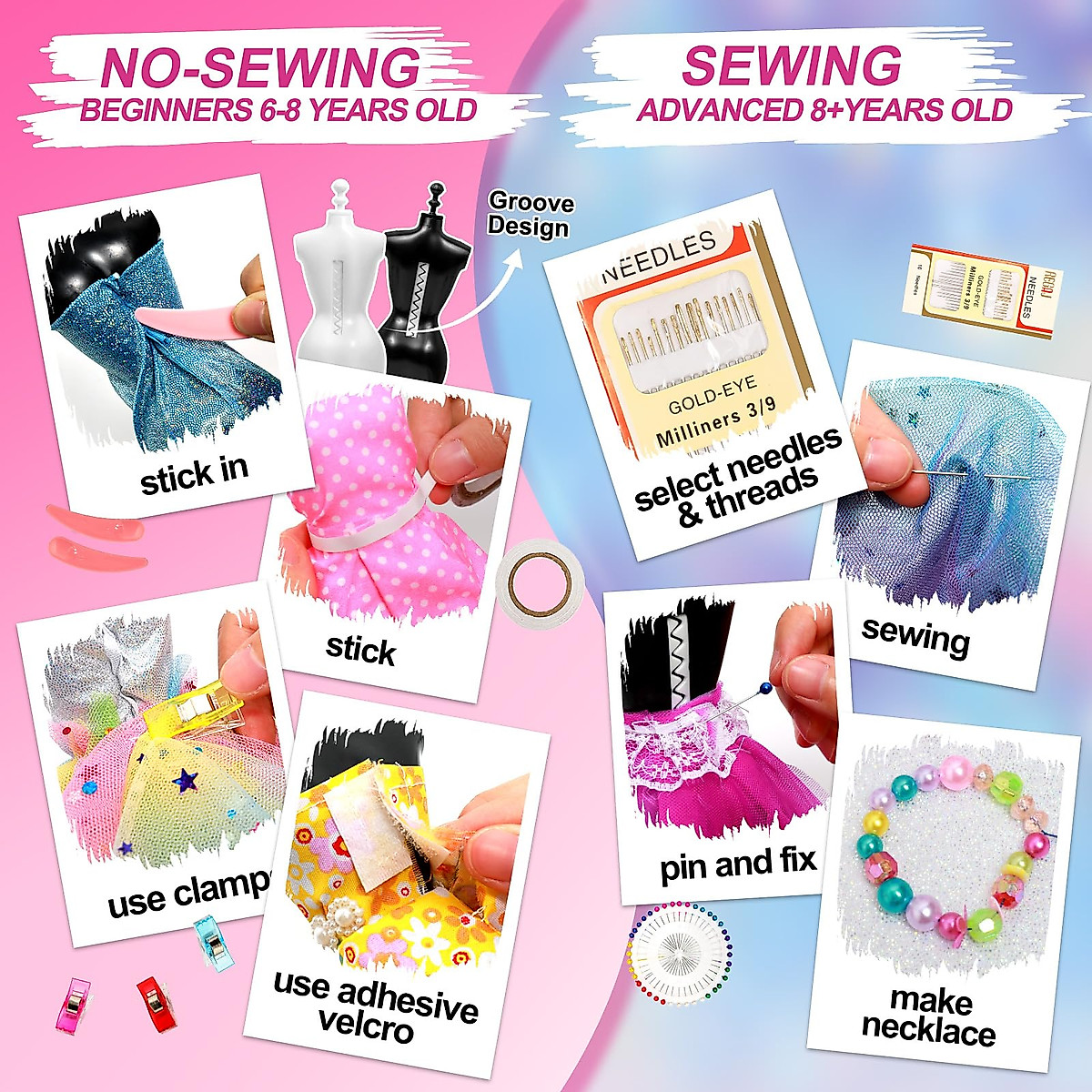 Axirata 800+PCS Fashion Designer Kit for Girls Creativity DIY Arts & Crafts Kit for Kids with Fashion Design Sketchbook, 4 Mannequins, Sewing Kit for Teen Girls Birthday Gift Age 6 7 8 9 10 11 12+