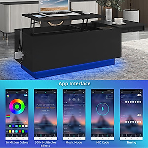 HOMMPA Lift Top LED Coffee Table, Black