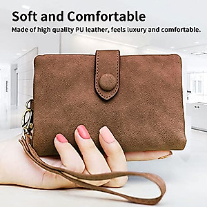 CONISY Small Womens Wallet with RFID Blocking, Leather Bifold Multi Card Organizer Wristlet Wallets for Women (Brown)