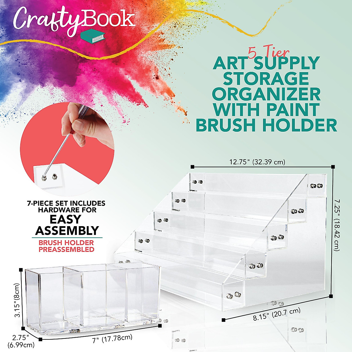 CraftyBook 5-Tiered Art Supply Storage Organizer with Paint Brush Holder - Clear Acrylic Tabletop Gel Polish Paint Storage Step Shelf - Acrylic Nail Polish Organizer Shelf for Hobby and Model Paint