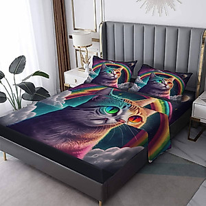 Cat Sheets Full Size, Rainbow Bed Sheets, Patterned Bedding Sheets & Pillowcases 4 Piece Set - Soft Microfiber Deep Pocket Fitted Sheet & Flat Sheet & 2 Pillow Cases 3Q&-184