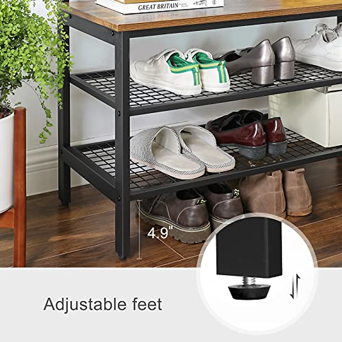VASAGLE ALINRU Hall Tree, Coat Rack, Coat Stand with Grid Wall, Shoe Rack, 2 Mesh Shelves, 15 Hooks, 72.8-Inch Tall, Large Storage Space, Easy to Assemble, Industrial Style, Rustic Brown UHSR98BX