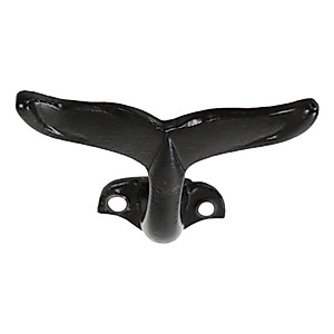 Ebros Set of 2 Cast Iron Rustic Black Coated Finish Nautical Baleen Blue Whale Tail Wall Hook Hangers Coastal Themed Wall Mount Coats Hats Keys Hooks Decor Hanging Fish Whales