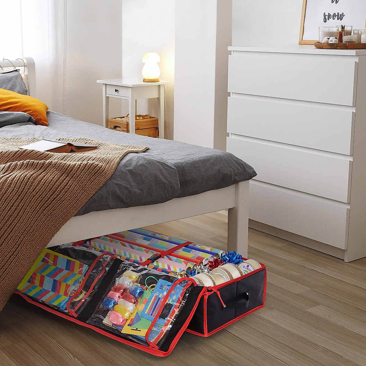 Casafield Wrapping Paper Storage Container, Premium Canvas Gift Wrap Organizer Box and Under Bed Storage Bag with Interior Pockets - Black