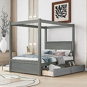 WADRI Modern Full Size Canopy Platform Bed with 4 Drawers, Wood Canopy Platform Bed with Support Slat, 4-Post Canopy Platform Bed Frame for Kids Teens Adult, No Box Spring Needed (Brushed Gray-3)