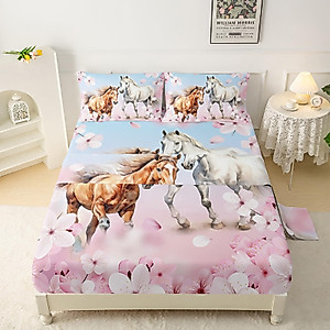 QOOMO Peach Blossom White Horse Bedding for Boys and Girls Steed Watercolor Silky Soft Microfiber Bed Sheets Blue Pink Gradient Kids Bedding Set Twin Size 1 Fitted Sheet, 1 Flat Sheet, 2 Pillow Cases