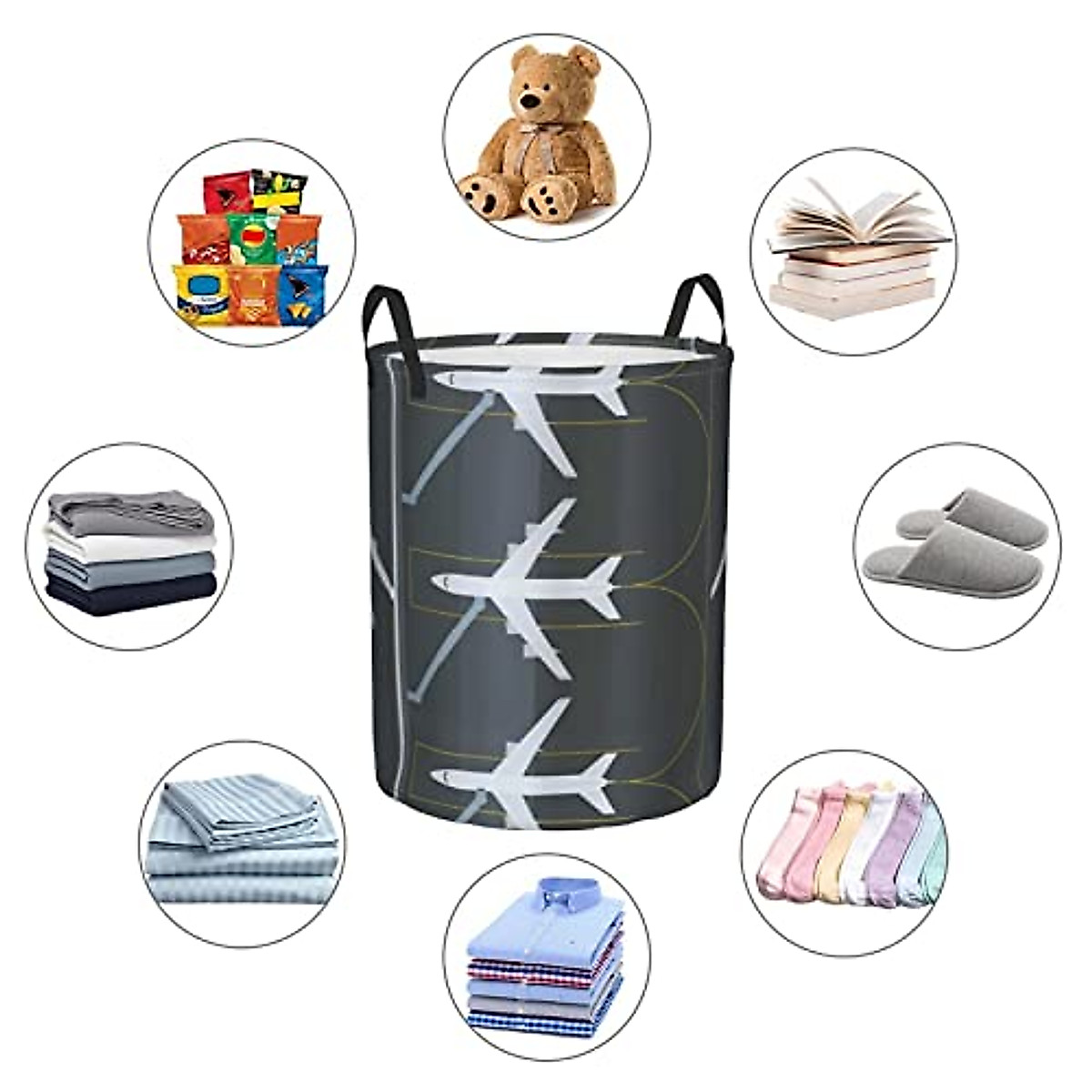 Laundry Basket,Aviation Themed Simple Of Parked Airplanes Landed In Airfield,Large Canvas Fabric Lightweight Storage Basket/Toy Organizer/Dirty Clothes Collapsible Waterproof For College Dorms-Large