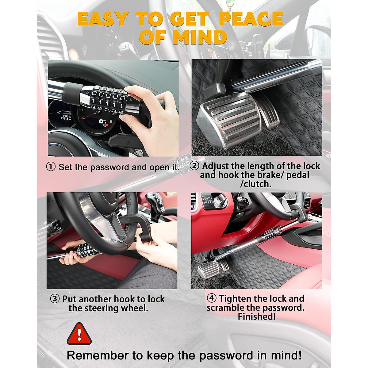 Tevlaphee Steering Wheel Lock Anti Theft Device Retractable Brake Pedal Lock Keyless Password 5 Coded Combination Anti Theft Car Security Device Heavy Duty Universal Fit for Vehicle Car Truck Van SUV