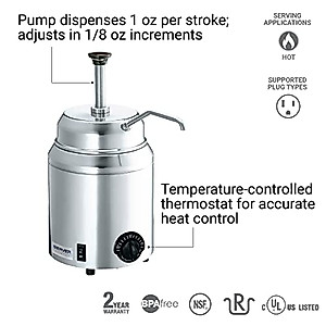 Server Products Topping Warmer with Pump, Dispenses Condiments Sauces and Toppings, 3 Quart, Stainless Steel, 82060