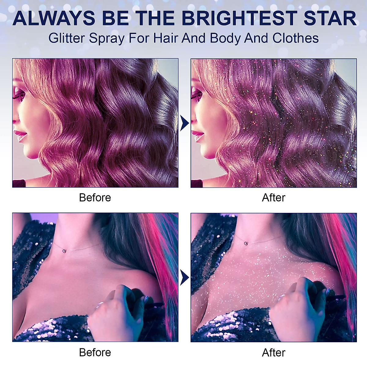 Body Glitter Spray, Glitter Spray for Hair and Body, Quick-Drying Waterproof Glitter Hairspray Highlighter Face Makeup Spray for Prom, Festival Rave, Party, Stage Makeup, Christmas Gifts