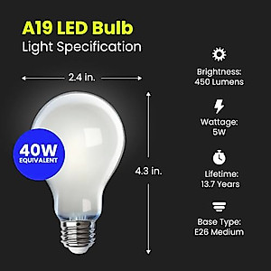 Feit Electric A19 LED Light Bulb, 40W Equivalent, Dimmable, 450 Lumens, E26 Med Base, 2700K Soft White, 90 CRI, 8.8W Standard Glass Filament Lighting Bulbs, 13-Year Lifetime, A1940/927CA/FIL/4, 4 Pack