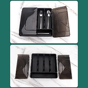 RNCOZE Utensil Holder for Countertop with Lid, 5 Compartments Flatware Organizer, Portable Flip Cover Silverware Organizer Storage Case, Plastic Silverware Tray for Drawer Countertop