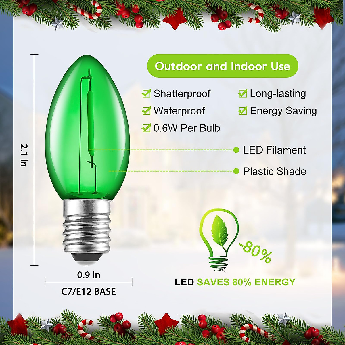 Green C7 LED Replacement Christmas Light Bulb, E12 C7 Shatterproof Replacement Bulbs,Commercial Grade Dimmable Holiday Bulbs for Christmas Outdoor Indoor Patio Roofline String Lights, 25 Pack