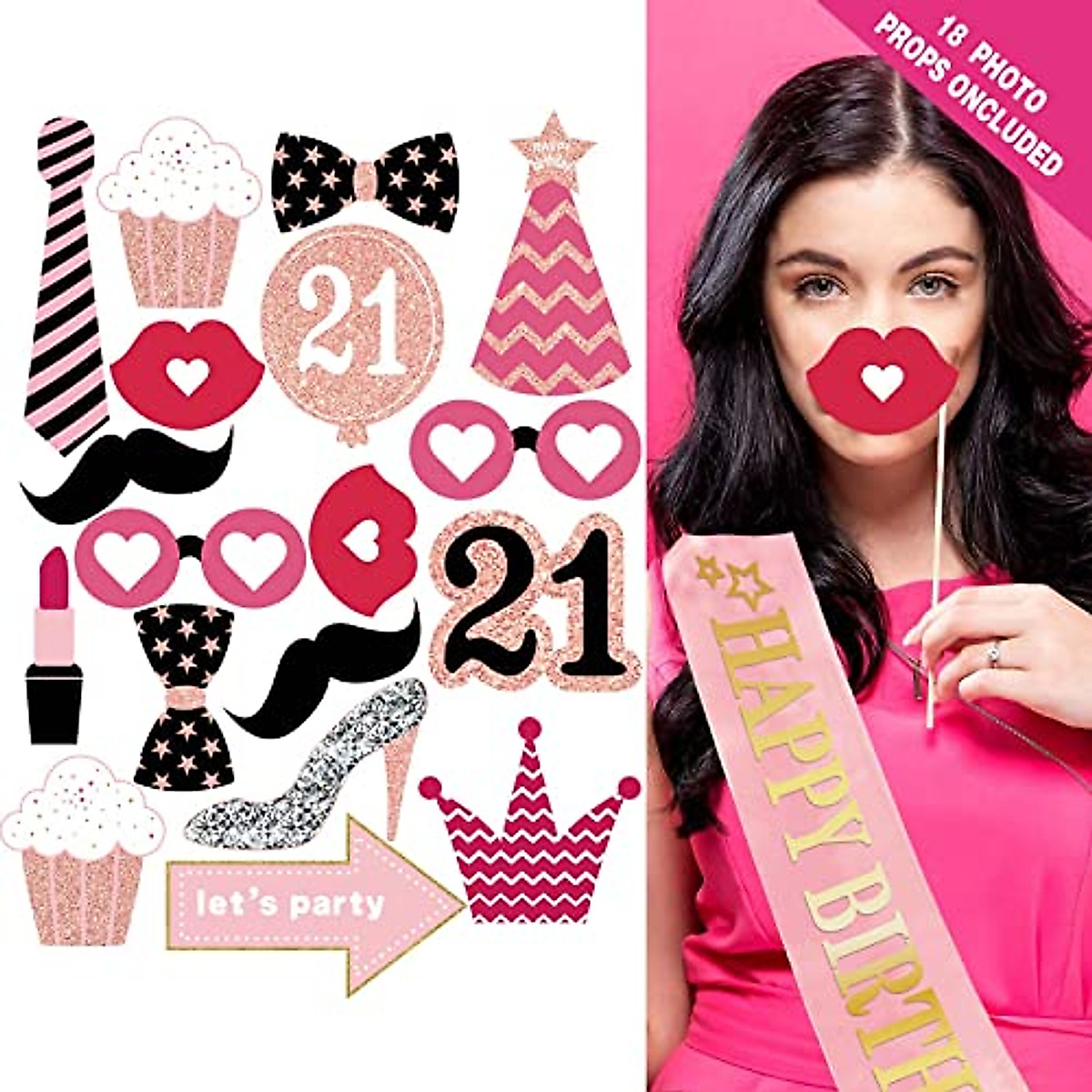 21st Birthday Decorations for her - (76pack) Rose Gold Party Banner, Pennant, Hanging Swirl, Birthday Balloons, Foil Backdrops, Cupcake Topper, Plates, Photo Props, Birthday Sash for Women Gift
