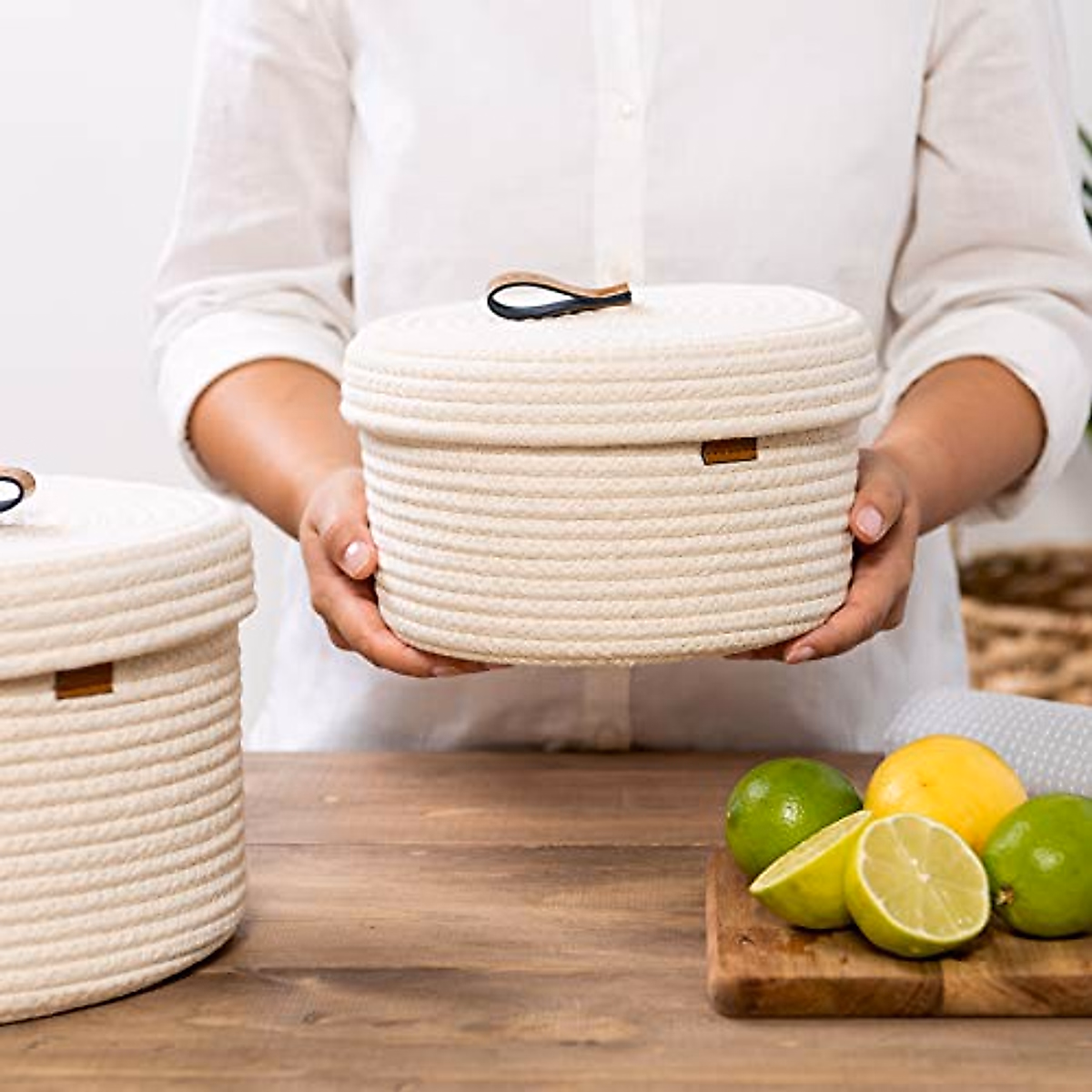DENJA & CO Round Baskets with Lids - Set of 2 Decorative Baskets with Lids for Organizing - Natural Cotton Rope Lidded Baskets with Genuine Leather Tabs and Handles - Storage Baskets with Lids