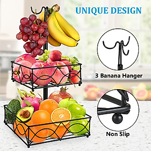 WRYISSE Flower Lattice 2 Tier Countertop Fruit Basket Bowl with 3 Banana Hanger Rectangular Metal Fruit Storage Basket Stand for Vegetable Eggs Snacks (Black, Flower Design)