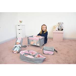 KOOKAMUNGA KIDS 5 Pc Baby Doll Stroller Set - Baby Doll Accessories - Baby Doll Playset w/ Doll Crib Stroller Car Seat - Playpen - Carry Cot - Diaper Bag - Ages 3+ - Deluxe Grey / Pink