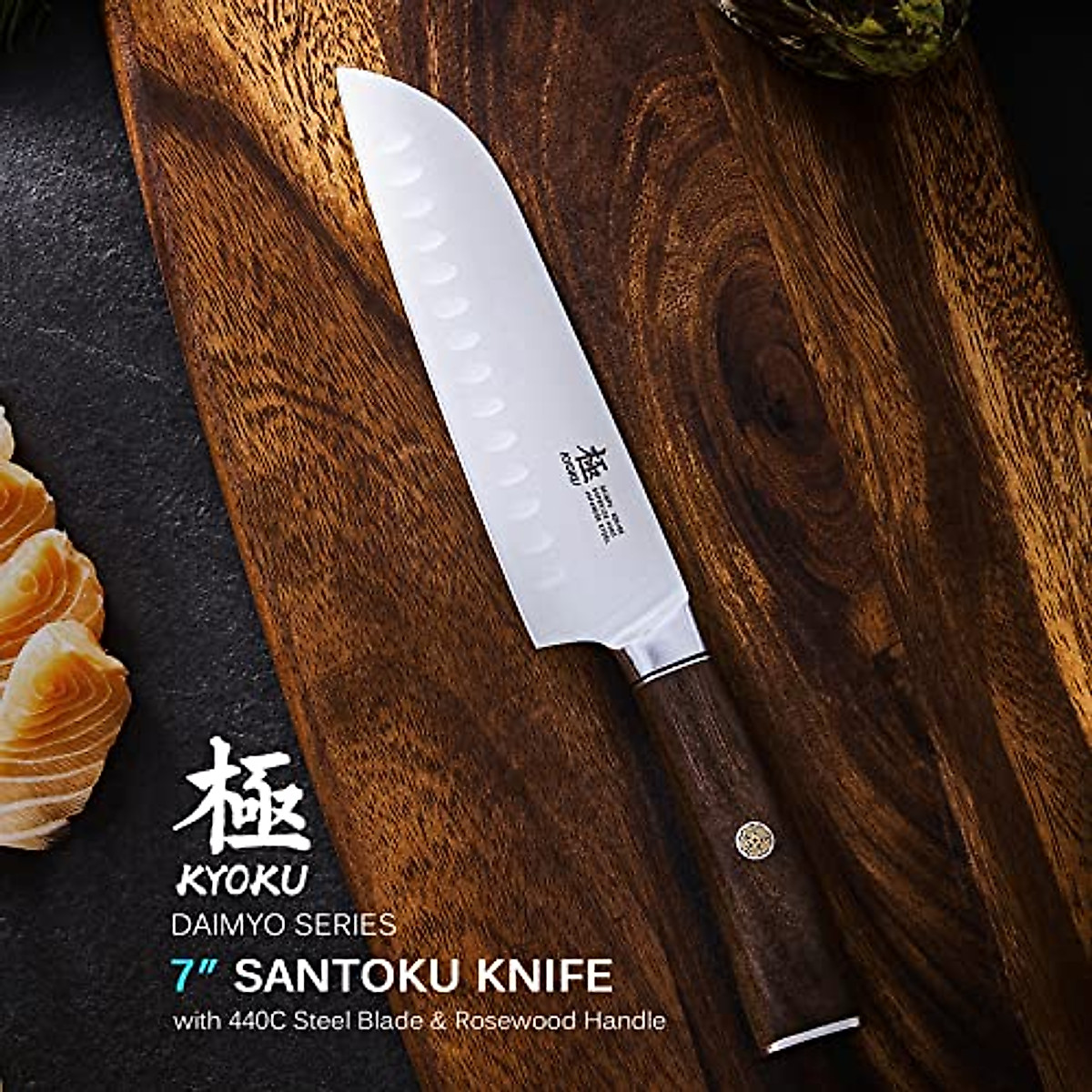 KYOKU 7 Inch Santoku Knife - Daimyo Series - Asian Knife Japanese Chef Knife with Ergonomic Rosewood Handle, & Mosaic Pin - Japanese 440C Stainless Steel Kitchen Knife with Sheath & Case